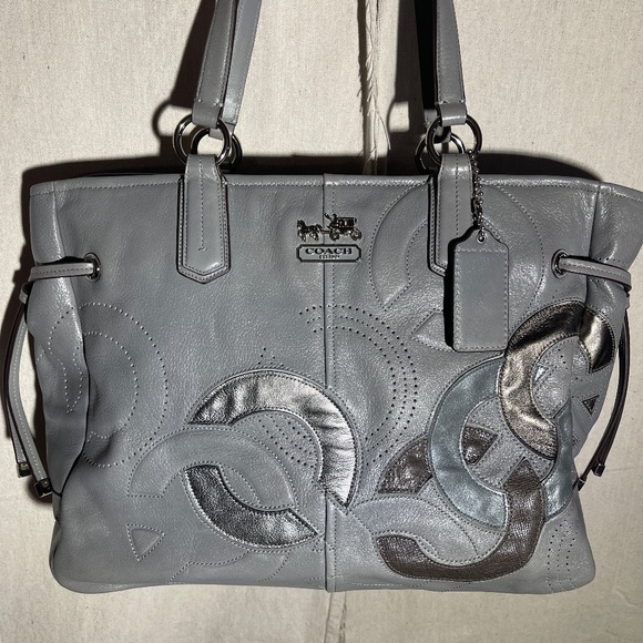 Coach | Bags | Coach Chelsea Inlaid Charlie Tote Gray Leather With Blue ...